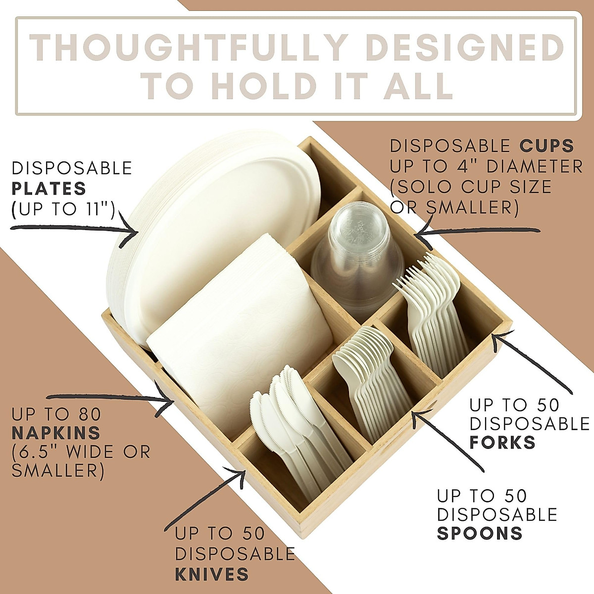 Large Wooden Silverware Caddy For Party, Holds Plates, Napkins, Cups, Forks, Spoons, and Knives, Utensil Holder for Party, Hosting Essentials, Cutlery Holder for Party, Flatware Caddy, Utensil Caddy