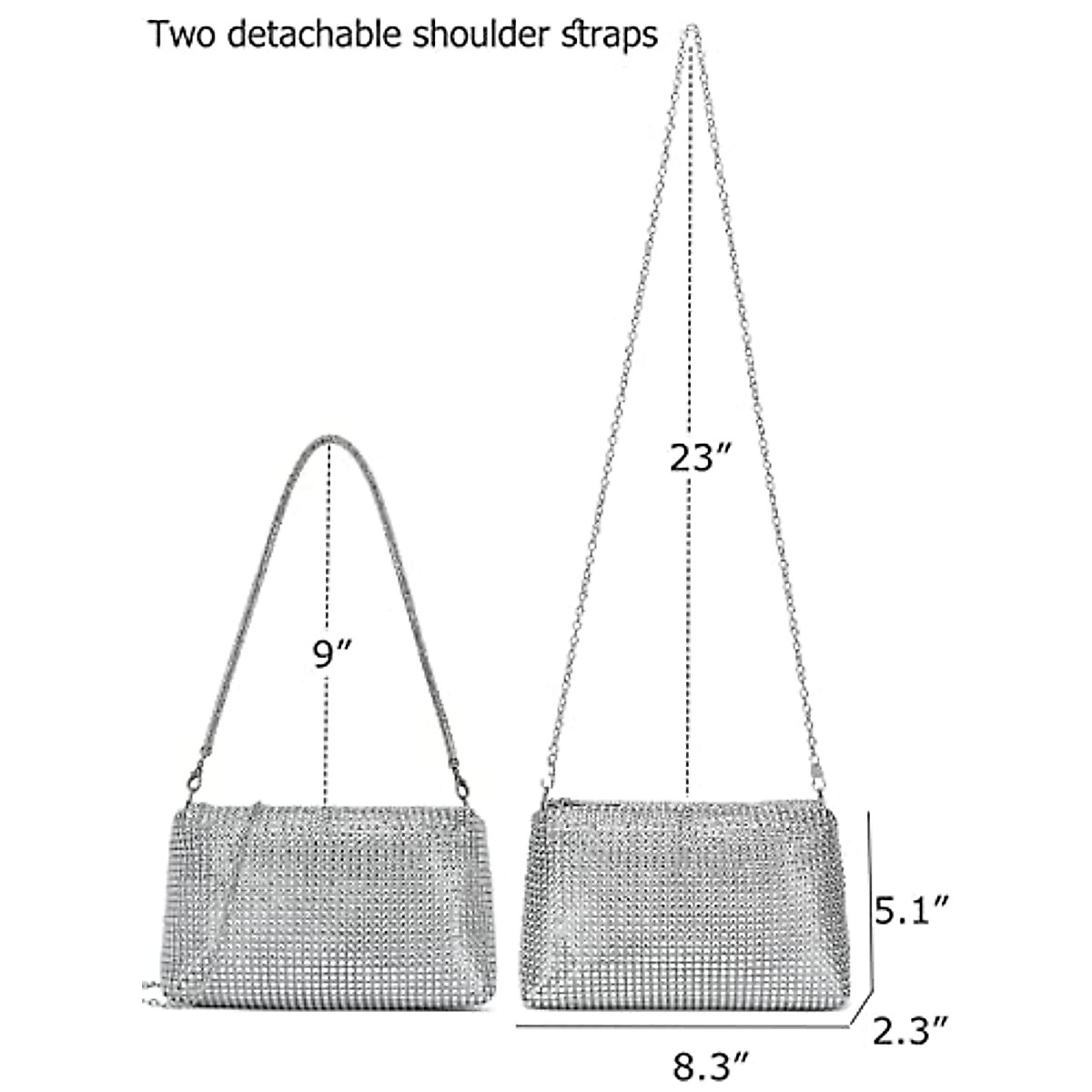 YIKOEE Crystal Rhinestone Clutch Purses for Women Evening Bag with Chain (Silver)