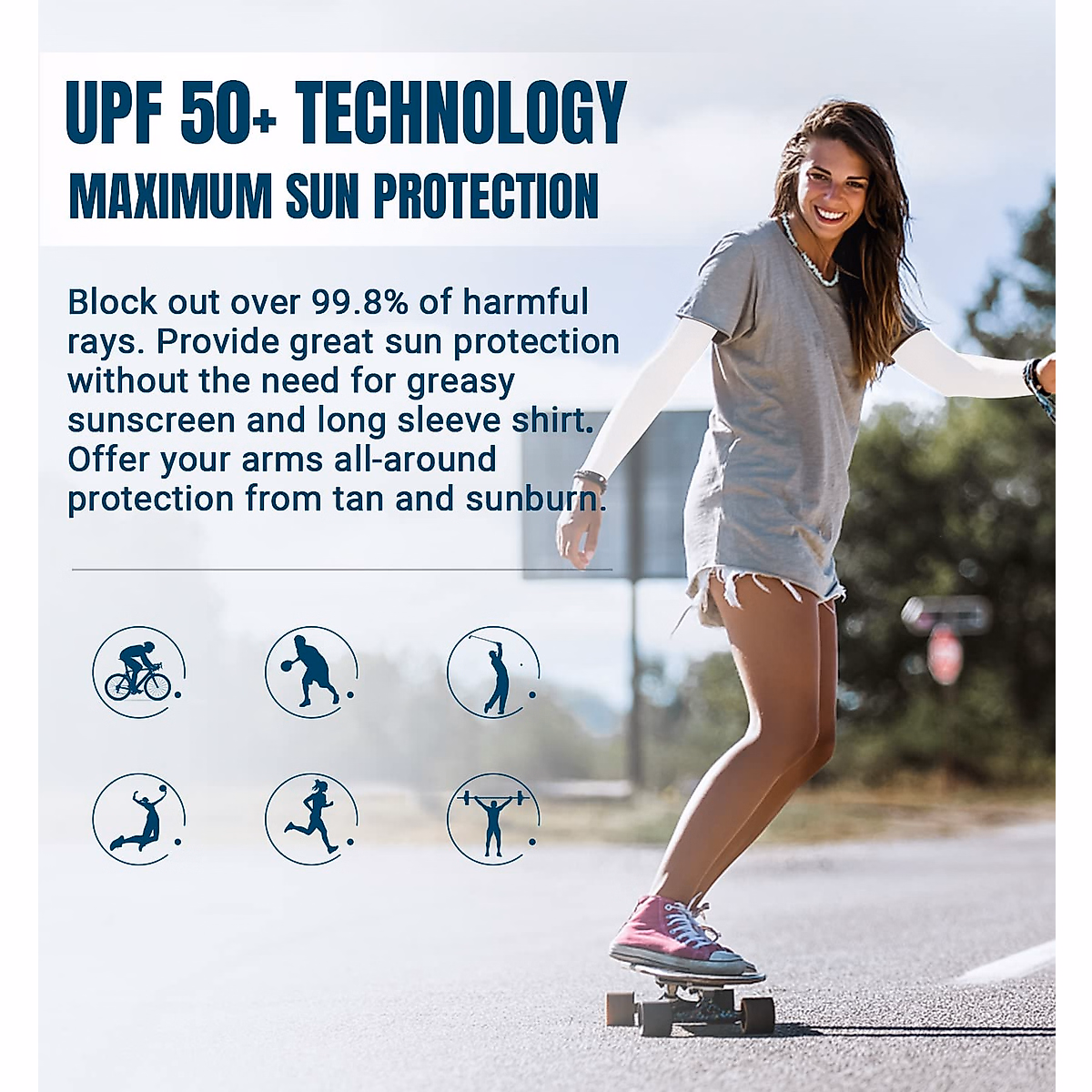 Aegend Sun Protection Cooling Arm Sleeves Sun Sleeves for Men & Women for Cycling, Running, Basketball, Football, Golf, Volleyball, Driving, White 2 Pairs