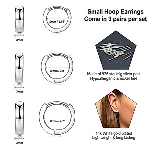 3 Pairs Small Hoop Earrings for Women Men, Sterling Silver Post Sleeper Cartilage Huggie Earring Set, 3mm in Width, Diameter in 8mm 10mm 12mm(Silver)