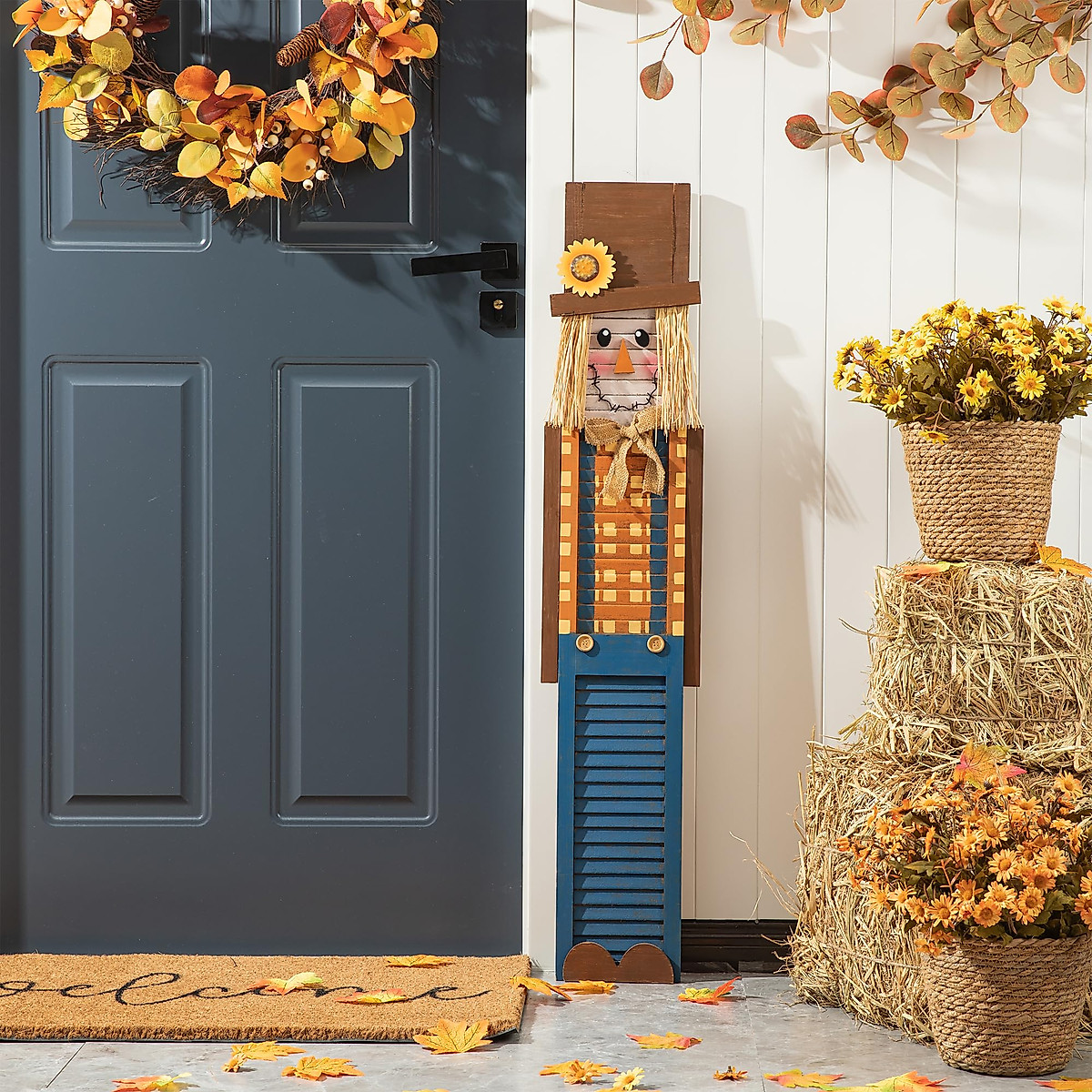 Glitzhome 42"H Rustic Wooden Scarecrow Porch Sign for Fall Harvest Thanksgiving, Farmhouse Style Wood Scarecrow Wall Sign, Standing/Hanging Scarecrow Sign for Home Yard Decor