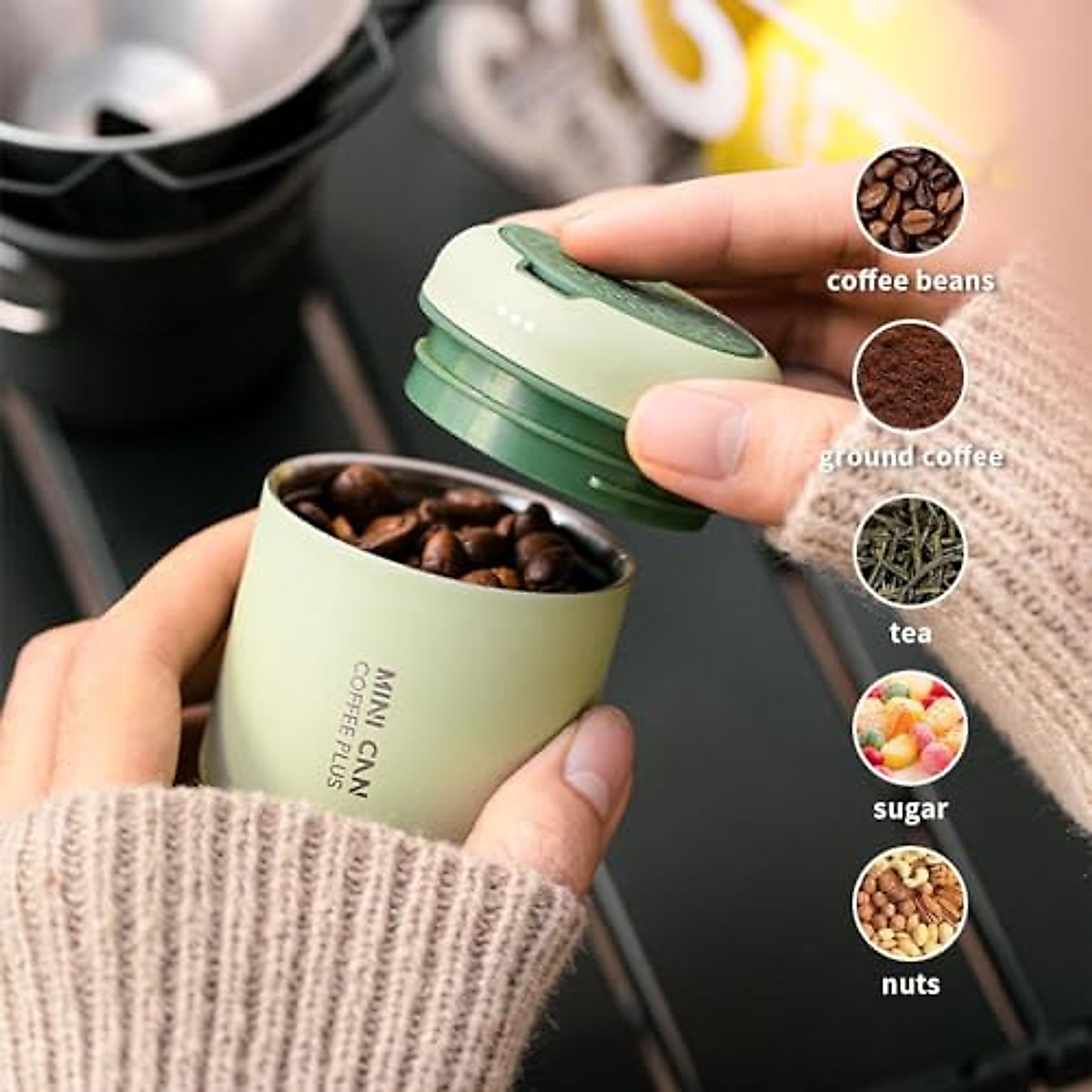 watchget Portable Mini Airtight Coffee Canister - 80ml Stainless Steel Coffee Bean Storage with CO2 Releasing Valves, Compact and Travel-Friendly Container for 30-35g Beans, Grounds, Green