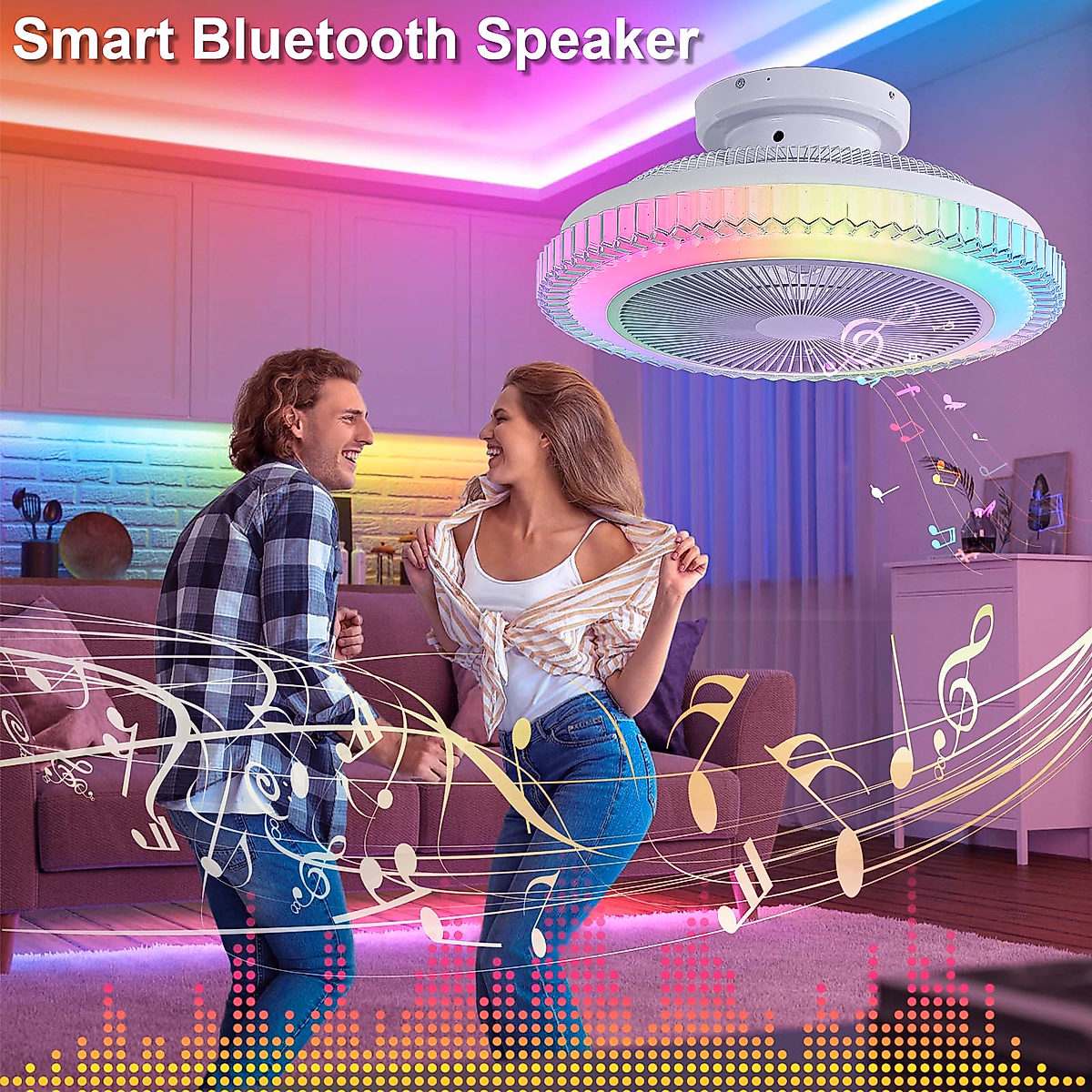 EIDEARAY 20" Low Profile Ceiling Fan with Light Bladeless RGB Ceiling Fans with Bluetooth Speaker 6 Wind Speeds Flush Mount Fan Light with Remote Control & App for Bedroom Living Room Dining Room