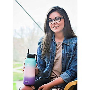 Vmini Water Bottle with Straw, 32 oz and 22 oz Vacuum Insulated 18/8 Stainless Steel, Wide Mouth and Standard Mouth Straw Lid with Wide Rotating/Fixed