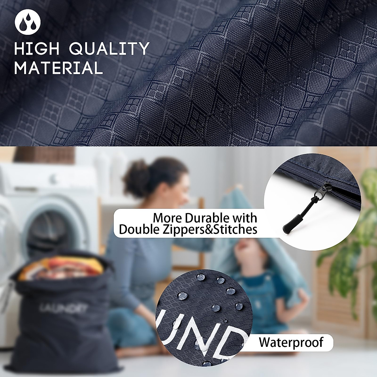 WiseBoy 2 Pack Laundry Bags, Nylon Washable Wet Dry Bag, Travel Laundry Bag Dirty Clothes Organizer, Swimming Yoga Bathing Suit Workout Wet Dry Bags - Navy Blue