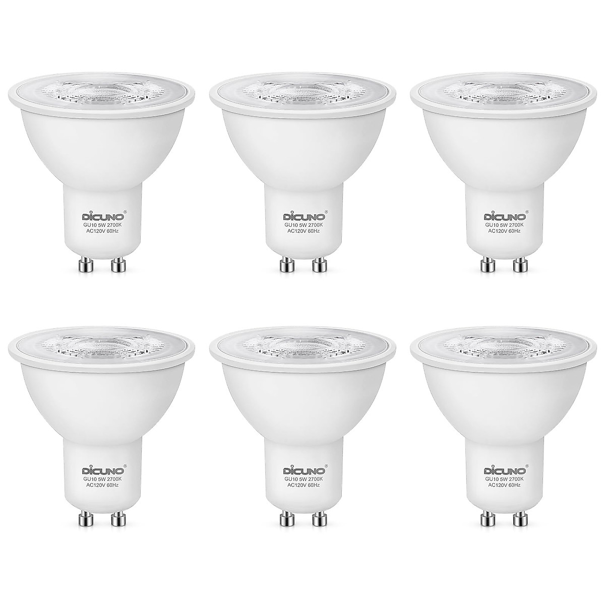 DiCUNO GU10 LED Bulb, 40W Equivalent, Warm White 2700K, 450LM, MR16 GU10 LED for Spotlight, Track Lighting, 5W LED Light Bulb with 38° Beam for Kitchen, Range Hood, Living Room, Pack of 6