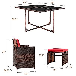 GUNJI 9 Pieces Patio Dining Sets Outdoor Table and Chairs Patio Dining Table Set with Space Saving Rattan Chairs Patio Furniture Sets Cushioned Seating and Back (Red)