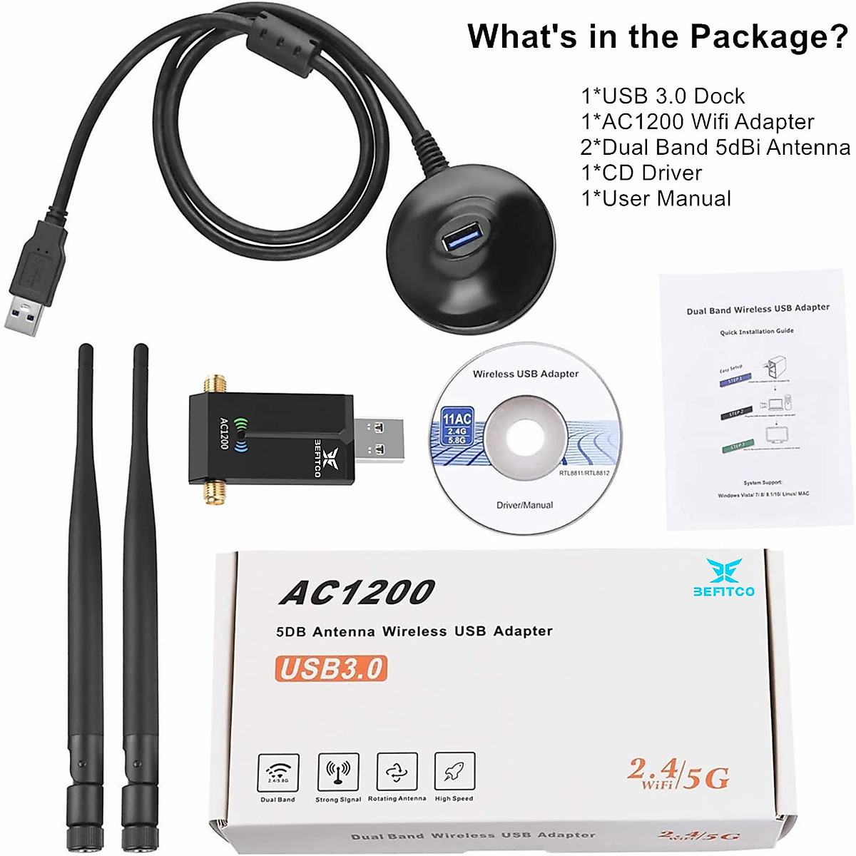 USB WiFi Adapter for PC, 1200Mbps USB 3.0 Dual Band 2.4Ghz/5Ghz WiFi Dongle with Dual High Gain 5dBi Antenna and USB3.0 Dock Wireless Network Adapter for Desktop/Laptop Supports Windows/Mac OS/Ubuntu