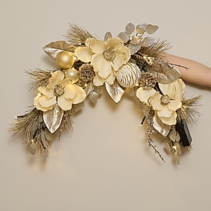 Valery Madelyn Pre-Lit Christmas Swag Outdoor, 24 Inch Mailbox Christmas Decorations Swag Teardrop for Front Door Stairs Railing Window Xmas Decor with 20 LED Lights Champagne Gold Ball Ornament