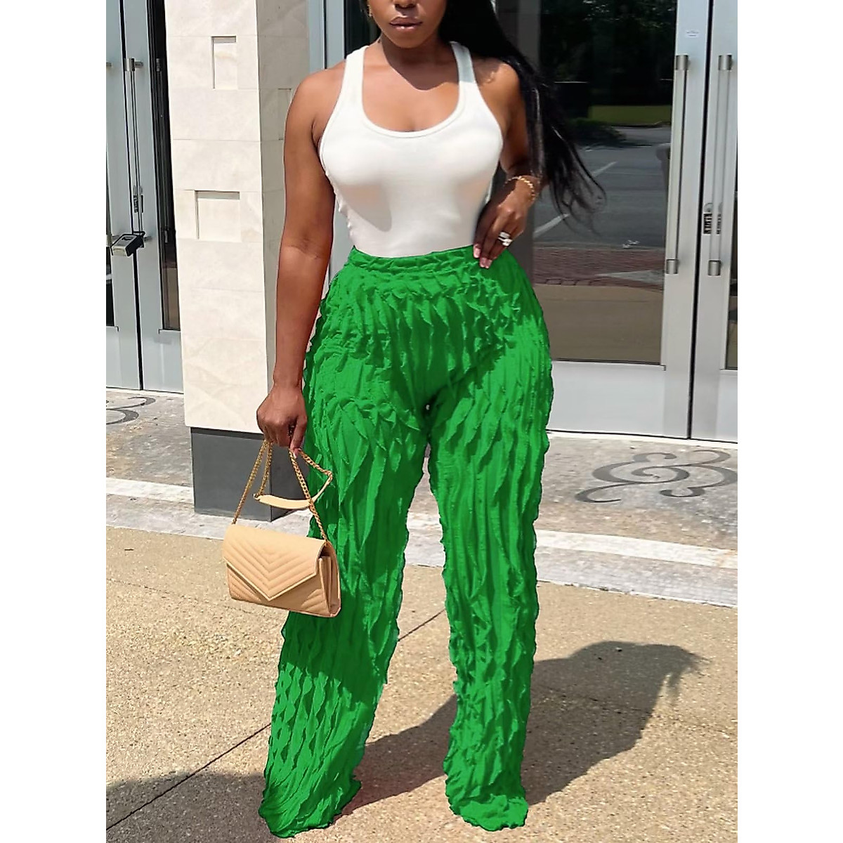 Annystore Women's Ruffle Wide Leg Long Pants Sexy Flowy Mesh Wavy High Waisted Straight Palazzo Trousers Party Clubwear Green XXL