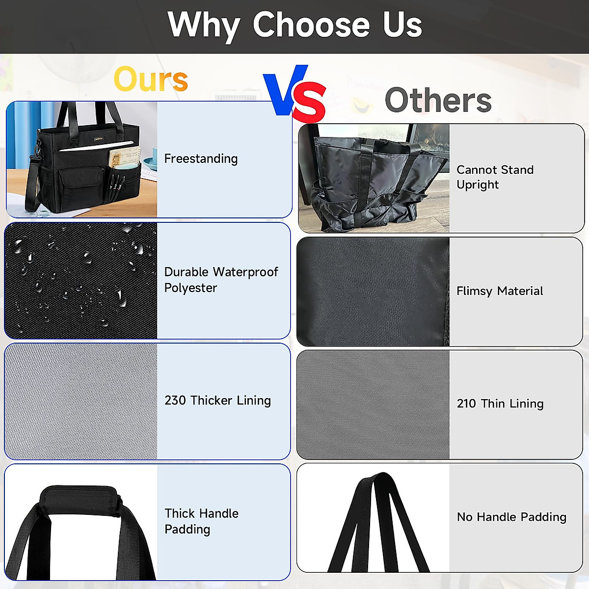 Jaffzora Teacher Tote Bag with Laptop Compartment,Extra Large Utility Work Tote Bag with 15 Pockets for Women,Nurse Bag, Black