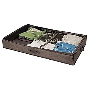 mDesign Soft Fabric Under Bed Storage Organizer Holder Bag for Clothing, Accessories, Linen - Easy-View Top Panel, Attached 2-Way Zippered Lid, Side Handles - Espresso Brown