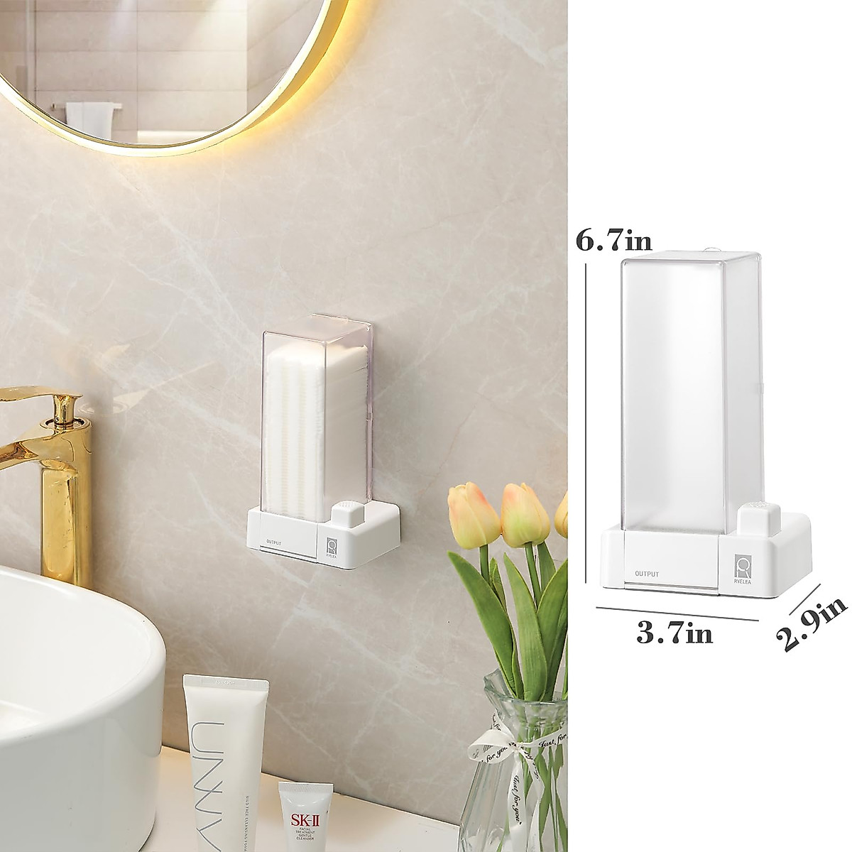 Ryelea Cotton Pad Dispenser, Automatic Press Type Makeup Removal Cotton Holder, Optional Wall Hanging Use and Pick Up, Closed Design Dustproof Hygiene (Transparent)