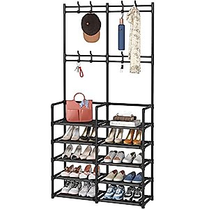 Laiensia 5-Tier Entryway Coat Rack, Coat and Shoe Rack, Entryway Bench Storage Organizer with 8 Hooks for Bedroom, Hallway, Office, Black