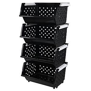 Ewingger 4-Pack Plastic Stacking Storage Basket, Stackable Organizer Baskets Bin, Black