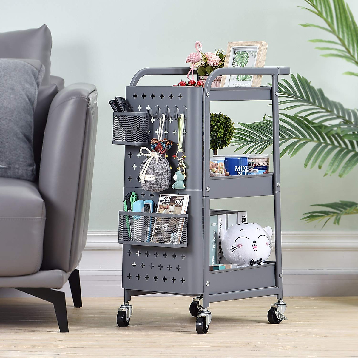 KINGRACK 3-Tier Rolling Cart, Metal Utility Cart with Pegboard, Storage Trolley Organizer Serving Cart with Handle and Extra Baskets Hooks for Kitchen Office Teacher Classroom, Grey
