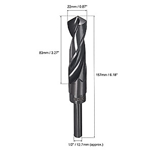 uxcell Reduced Shank Drill Bit 22mm Black Nitride Coated with 1/2 Inch Straight Shank, High Speed Steel HSS 9341 Twist Drill Bit for Stainless Steel Alloy Metal Plastic