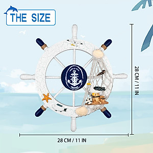 2 Pack 11" Nautical Beach Wooden Ship Wheel and 11" Wooden Anchor with Rope Nautical Boat Steering Wheel Rudder Anchor Wall Art Decor Door Hanging Ornament Beach Theme Home Decoration(White&Blue)