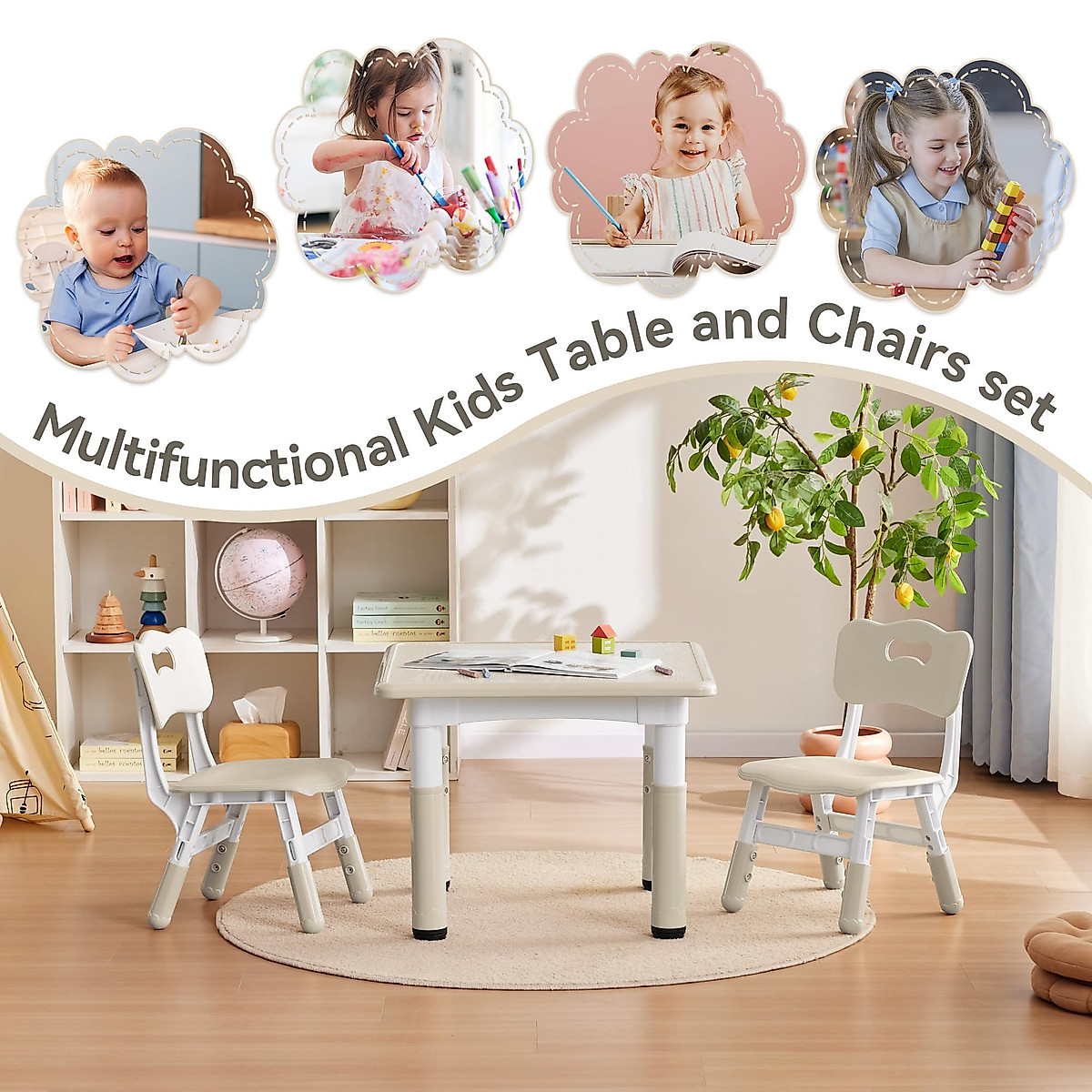 GITAWUSA Kids Study Table and Chairs Set, Height Adjustable Toddler Table and Chair Set for Kids Ages 3-8, 23.6" L x 23.6" W Graffiti Desktop Plastic Children Art Table with 2 Seats, Burlywood