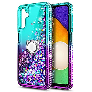 NZND Compatible with Samsung Galaxy A14 5G Case with Tempered Glass Screen Protector (Maximum Coverage), Ring Holder/Wrist Strap, Glitter Liquid Floating Waterfall Durable Cute Case (Aqua/Purple)
