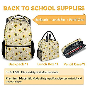 CUNEXTTIME Bee Backpack with Lunch Box And Pencil Case, Set of 3 Cute Bookbag for Girls Boys, Lightweight Large Capacity School Bag