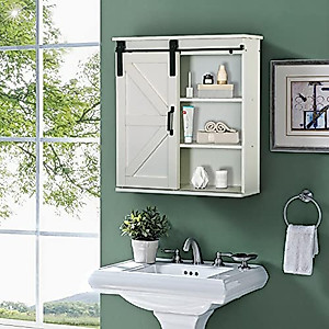 MFSTUDIO Farmhouse Small Bathroom Cabinet Wall Mounted Hanging Medicine Cabinets, Kitchen Storage Organizer with Rustic Barn Door for Living Room Bedroom, Ivory