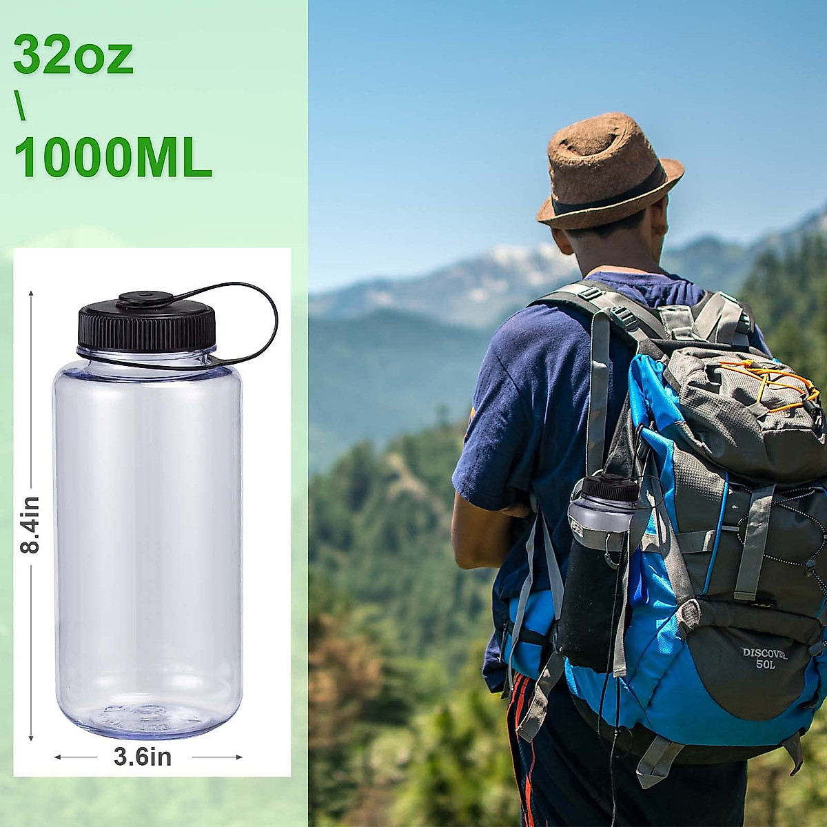 SUNNOW 6 Pack Clear Water Bottles Bulk, 32 oz Reusable Plastic Bottle with Handle, Wide Mouth, Lightweight for Sports Travel Gym Cycling Hiking, Personalized DIY Gift Women Men Teacher Nurse