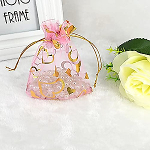 Hikkcos 100PCS Valentine's Day Organza Bags Love Heart Gift Bag Jewelry Packaging Pouch Drawstring Bag Wedding Favors Bag for Valentine's Day Wedding Party