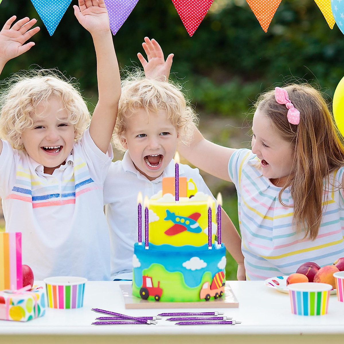 24-Count Glitter Long Thin Birthday Candles, Dark Purple Long Stick Birthday Cake Candles Set, Cake Candles Decorations for Birthday Party Wedding Anniversary Supplies