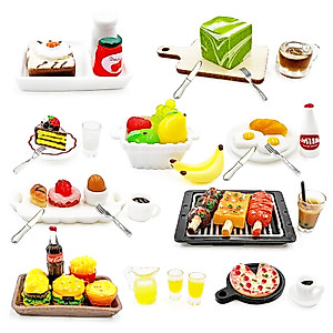 10 Set 50 Pieces Miniature Food Fits Doll Accessories Mini Drink Milk Hamburger Fries Cola Juice Plate Knife Fork Spoon Dessert Cake BBQ Milk Tea Fruit Fast Set Pretend Kitchen Play Toys Dollhouse