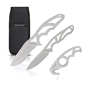 Maxam 3-Piece Field Dressing Kit - 8" Skinning Knife, 6 3/4" Caping Knife, 5" Gut Hook Knife, 1680d Nylon Sheath with Storage Pocket - Stainless Steel Handles & Blades