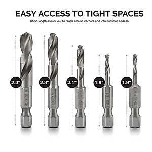 NEIKO 11402A Stubby Drill Bit Set for Metal, 5 Piece 1/4" Quick Change Hex Shank, M2 High Speed Steel for Quick Change, Chucks and Drives Drill Bit Holder Included, Hex Shank Drill Bit Set