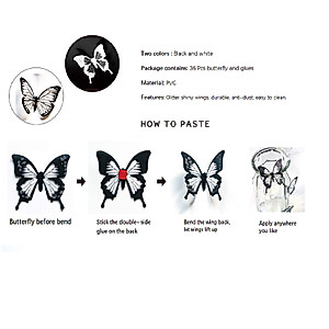 Butterfly Wall Stickers Decal, 36 PCS 3D Black and White Butterfly Stickers with Adhesive,Qyeaber Crystal Butterflies, Removable Art Mural for Baby Kids Bedroom