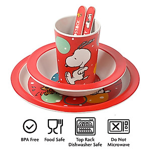 Peanuts Snoopy Fun Times 5-Piece Bamboo Melamine Dinnerware Set For Kids - Red