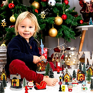 Woanger 29 Pieces Christmas Village Set LED Lighted Houses for Christmas Village Xmas Scene Figurines Decoration Crafted Poly Resin Collectables for Holiday Party Decor