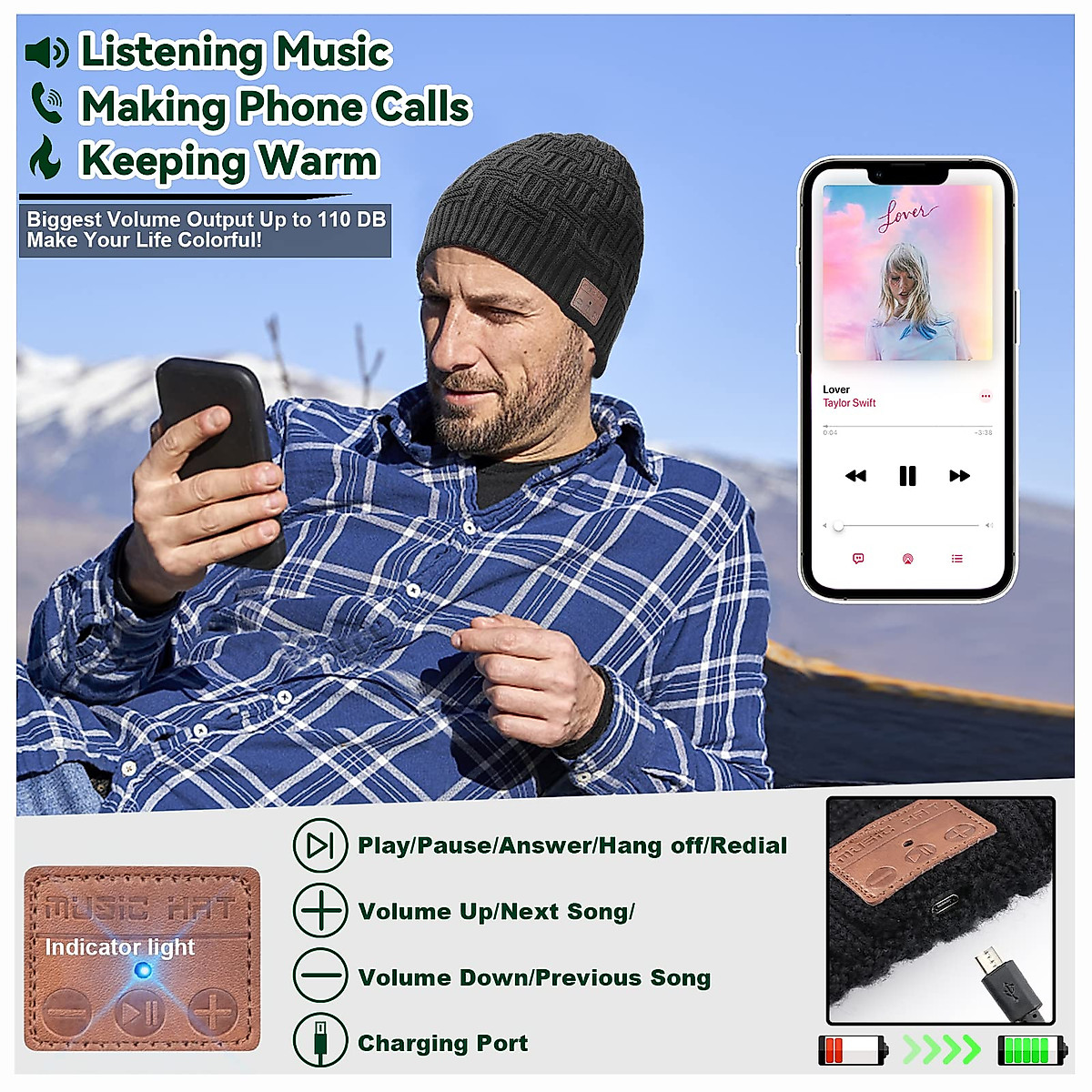 Wireless Bluetooth Beanie Hat Set - Winter Cap Music Hat with Speaker Headphones + Anti-Slip Touchscreen Gloves + Neck Warmer, Unique Christmas Tech Gifts for Men Women Teenager Boys Gamer Worker