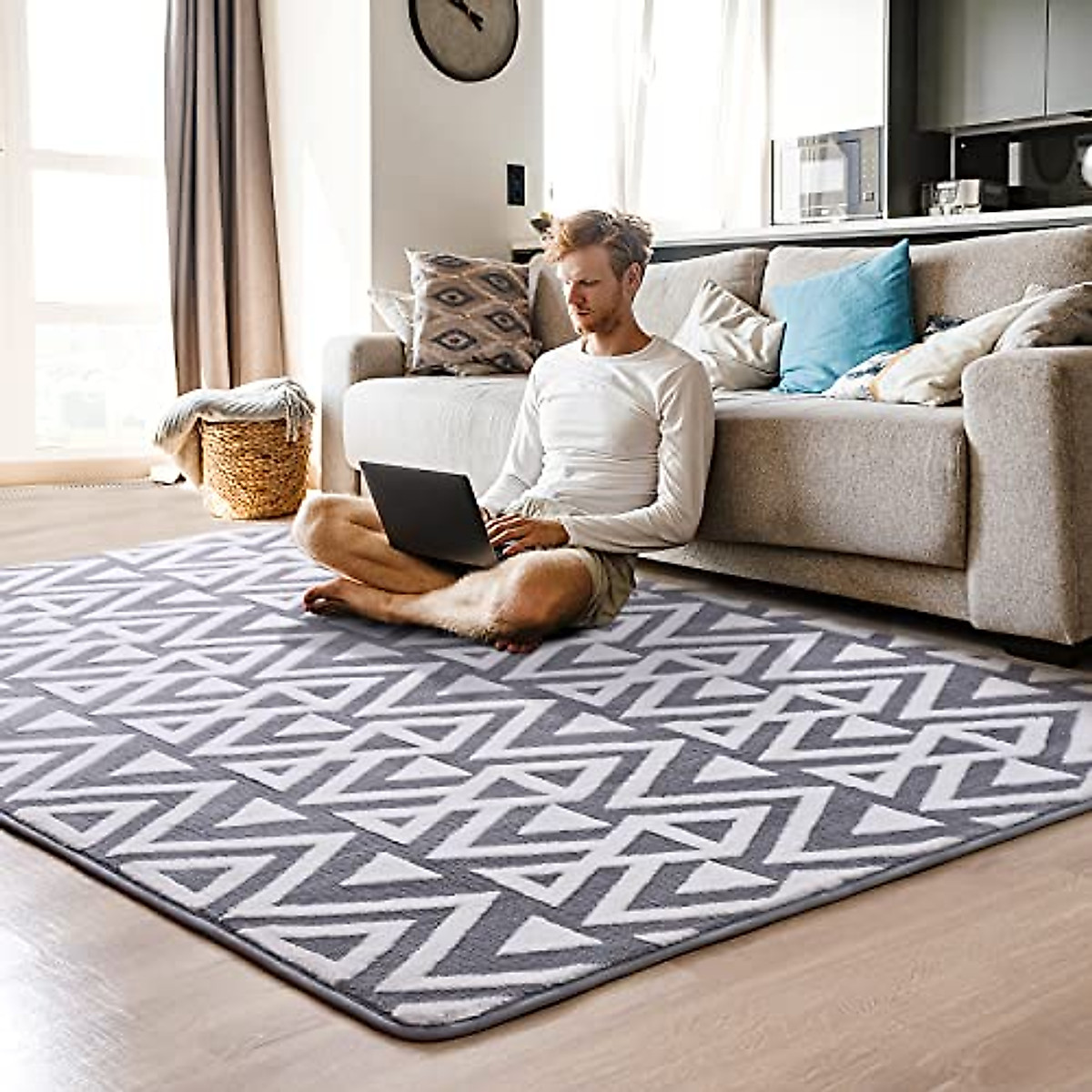 Memory Foam Area Rugs 4'X6' for Bedroom, Room, Plush Geometric Textured Carpets for Kids Room, Shaggy Washable Rug for Nursery Dorm Room Decor, Grey