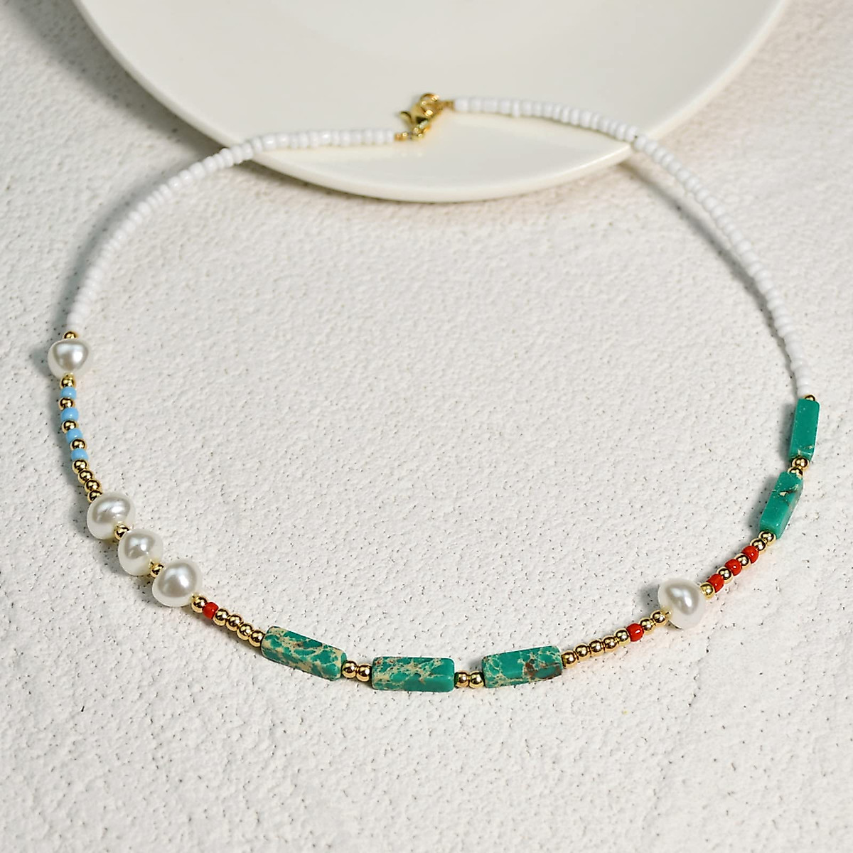 Irregular Green Turquoise Necklace,Irregular Pearl Shape Necklace,Bohemian Necklace,Handmade Single Layered Necklaces for Women