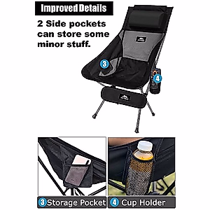 AnYoker Camping Chair, High-Back Compact Backpacking Chair, Portable Folding Chair, Beach Chair with Side Pocket and headrest, Lightweight Hiking Chair 0066ZZ (Black)