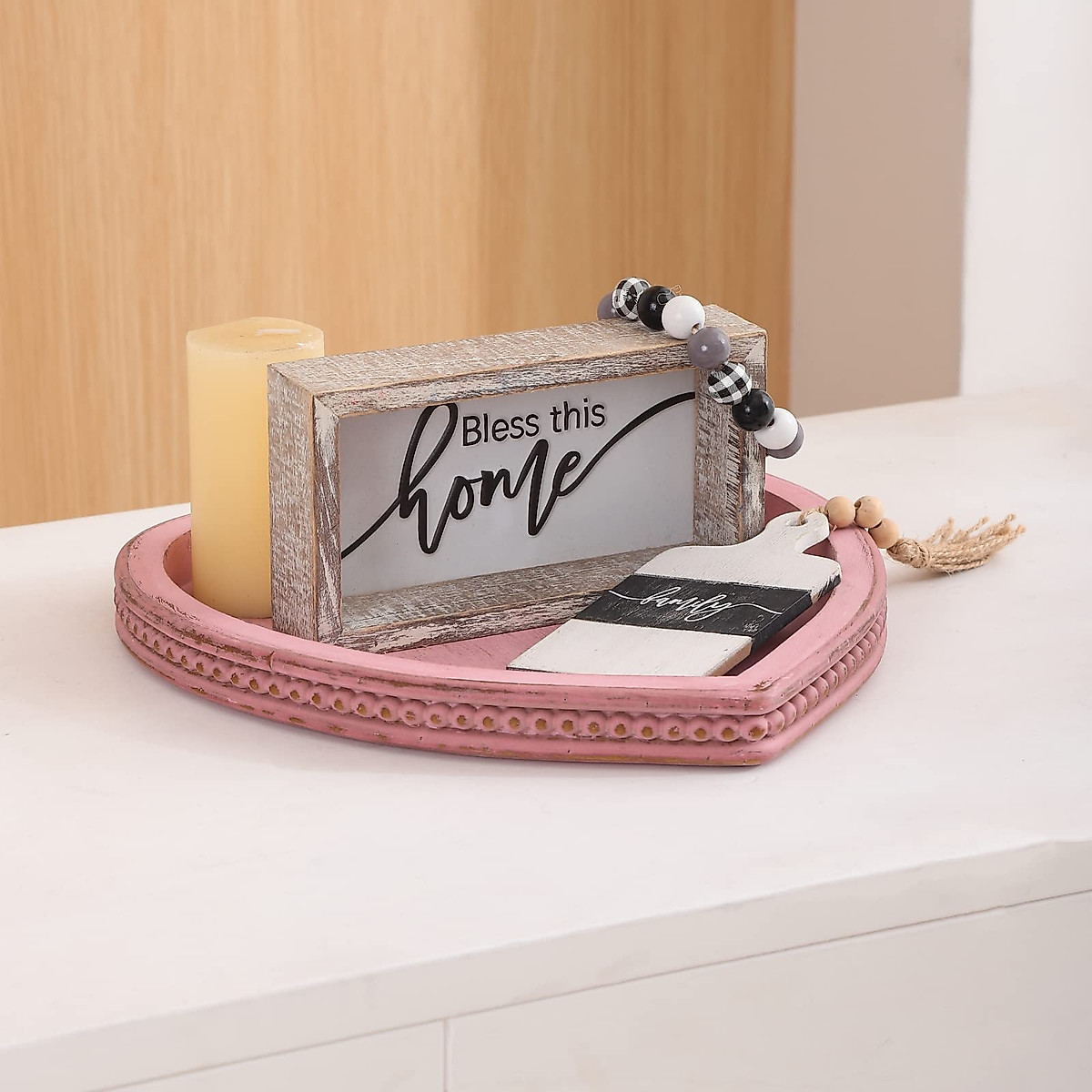 FESTWIND Heart Shaped Decorative Tray, Wooden Tray for Decor Coffee Table Dinning Table, Kitchen Island Decor Centerpiece, Farmhouse Tray Beaded Distressed Pink