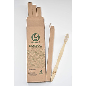 4 Pack Bamboo Toothbrushes by Hope Leaf ((Firm Bristles)) Natural Biodegradable Durable Vegan Organic