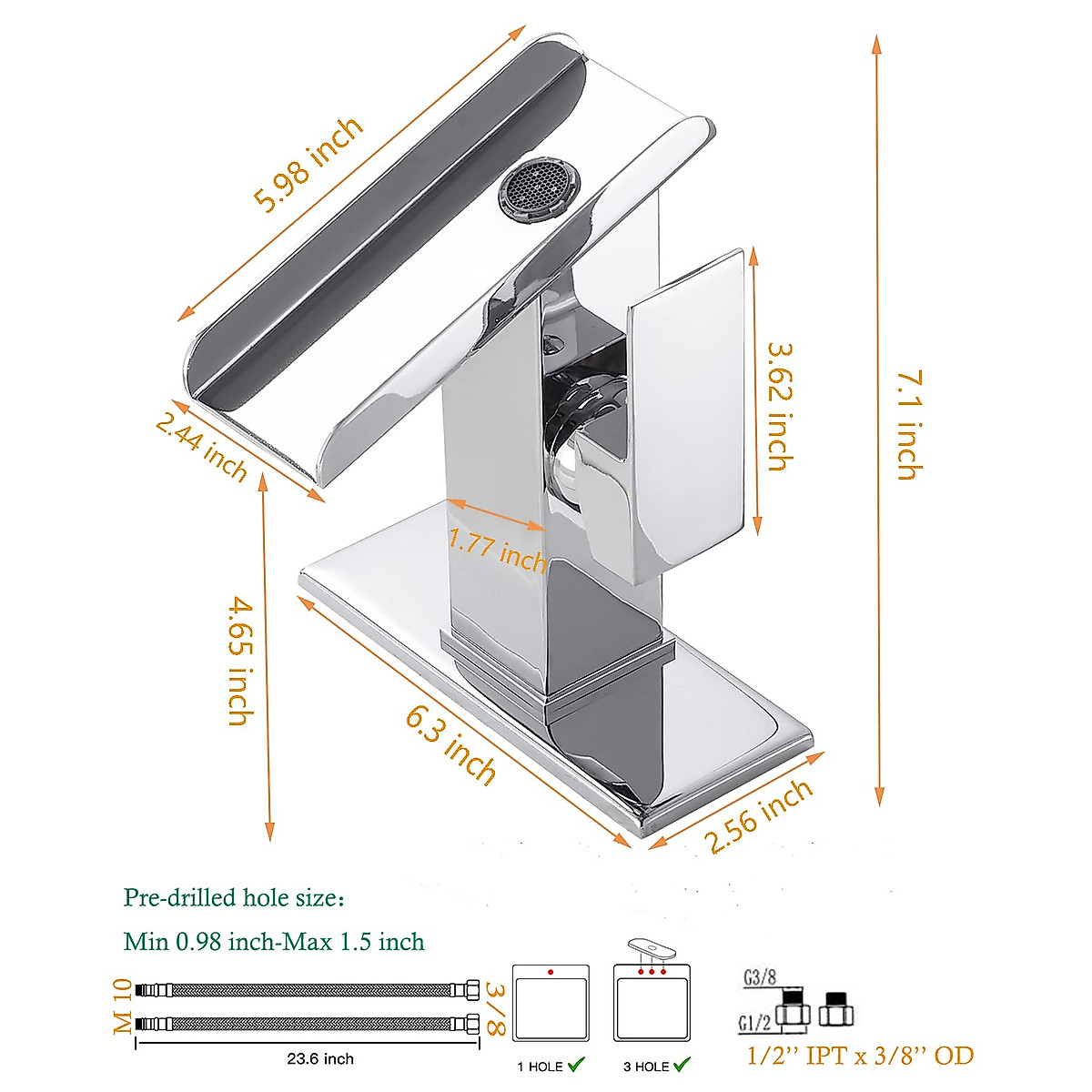 Chrome Bathroom Sink Faucet One Hole LED Waterfall Spout RGB 3 Colors Light Changing Lavatory Vanity Faucets Brass Single Handle Modern Washbasin Bath Tap Include Plates to Cover Holes Residential