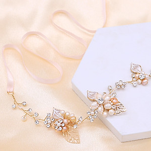 Oriamour Bridal Crystal Headband with Freshwater Pearls Flower Design Wedding Hair Accessories (Gold)