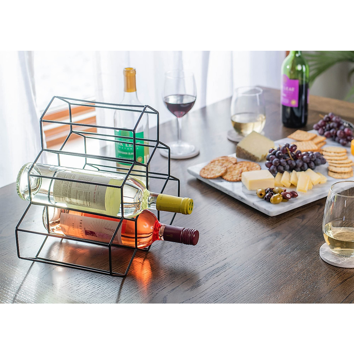 NAT & Jules Honeycomb Black Iron Metal Tabletop Wine Rack - Perfect for Kitchen Countertop, Pantry or Cabinets Display or Storage - Hold 6 Bottles, Black