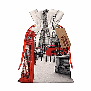 Red Phone Booth London Streetchristmas Drawstring Gift Bag, Linen Drawstring Gift Bag, Reusable Drawstring Gift Bag, Used For Christmas, Birthday, Wedding Supplies
