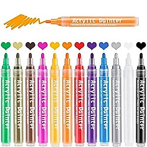 REONEY Acrylic Marker Pens, 12 Colors Quick-Dry Paint Pens (2-3 MM Medium Tip) for Rock Painting Wood Ceramics Glass Canvas DIY Craft Rock Painting Supplies