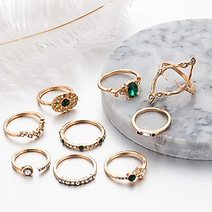 YERTTER Men 9 pcs Vintage Gold Ring Set Green Gem Rings Set Craved Rings Set Joint Knuckle Ring Set Finger Rings Stackable Retro Mid Rings for Women and