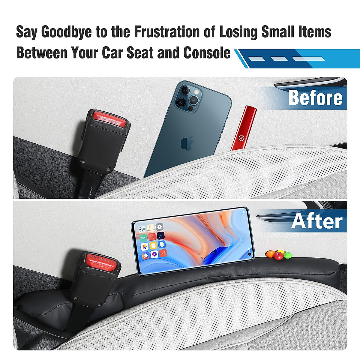 VAWIT Leather Car Seat Gap Filler Universal Fit Organizer for Most Cars Trucks SUVs Stop Things from Dropping, Pack of 2, Black