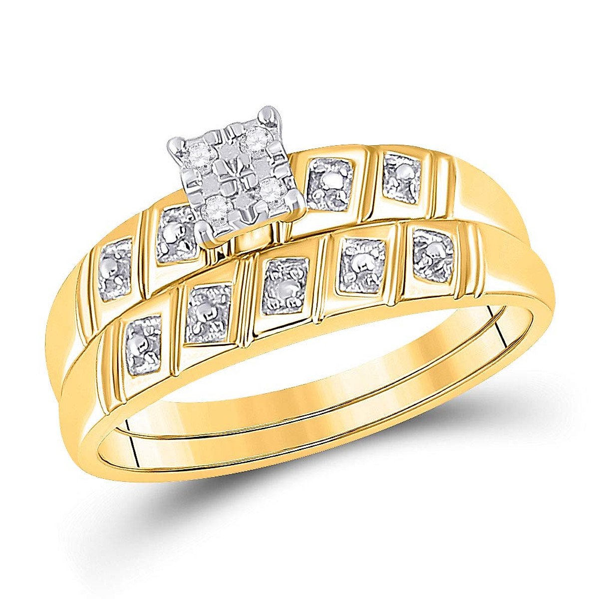 Sizes - L = 7, M = 10 - 10k Yellow Gold Mens and Ladies Couple His & Hers Trio 3 Three Ring Bridal Matching Engagement Wedding Ring Band Set - Round Diamonds - Princess Shape Center Setting (.08 cttw) - Please use drop down menu to select your desired rin