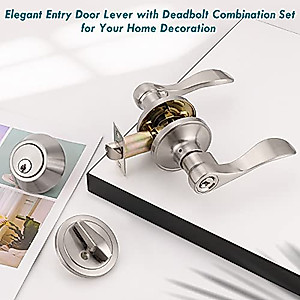 2 Pack Keyed Alike Entry Lever Door Handle and Single Cylinder Deadbolt Lock with Same Keys, Wave Style Locking Lever Handle Set [Front Door or Office] Right & Left Sided Doors, Satin Nickel